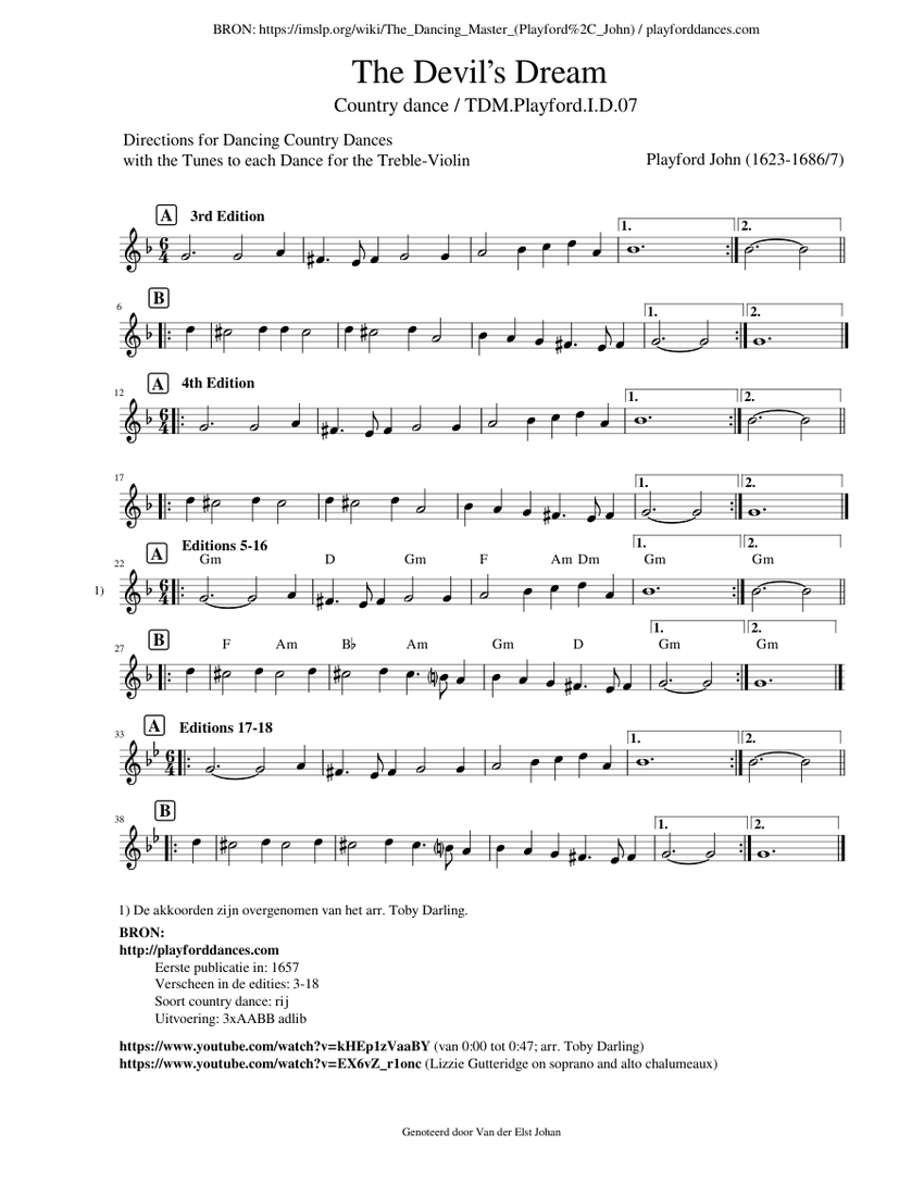 The Devil’s Dream (TDM.Playford.I.D.07) Sheet music for Violin (Solo ...