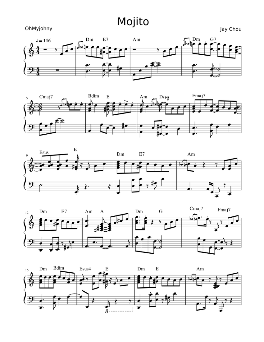 Mojito免費鋼琴譜【周杰倫】【我的YT】https://reurl.cc/g76vrV Sheet music for Piano ...