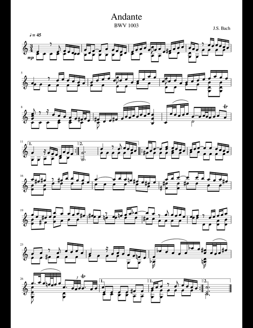 Bach Andante BWV 1003 sheet music for Violin download free in PDF or MIDI