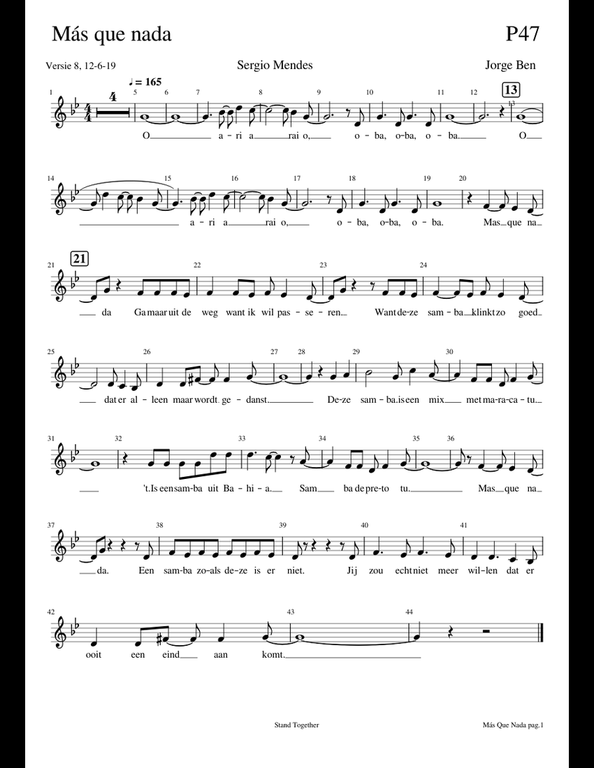 P47 Más que nada sheet music for Piano download free in PDF or MIDI