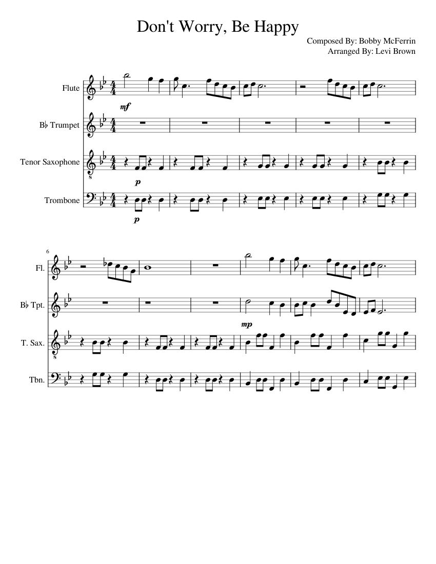Don't Worry Be Happy sheet music for Flute, Trumpet, Tenor Saxophone ...