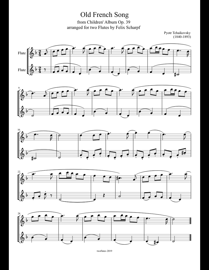 Tchaikovsky - "Old French Song" (Op. 39) arr. for two Flutes sheet ...