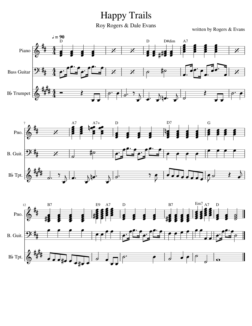 Happy_Trails sheet music for Piano, Bass, Trumpet download free in PDF ...