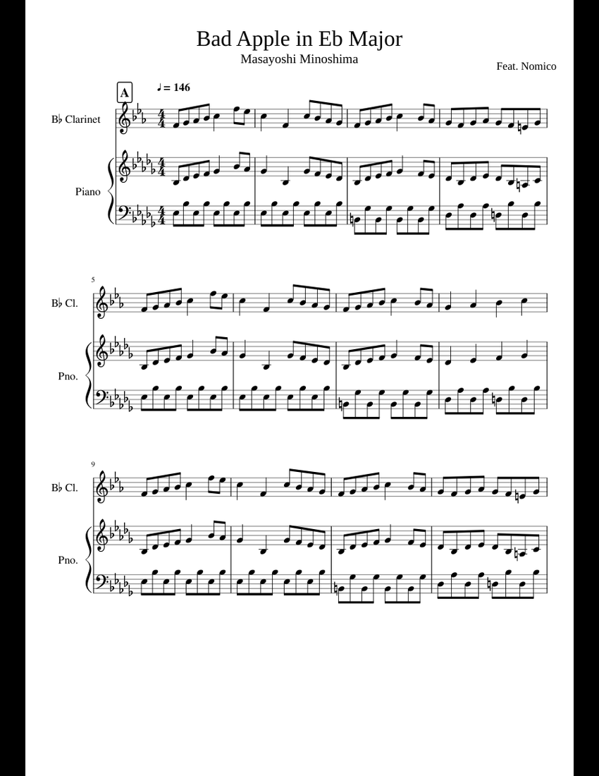 Bad Apple!! [Bb Clarinet & Piano Duet] sheet music for Clarinet, Piano ...