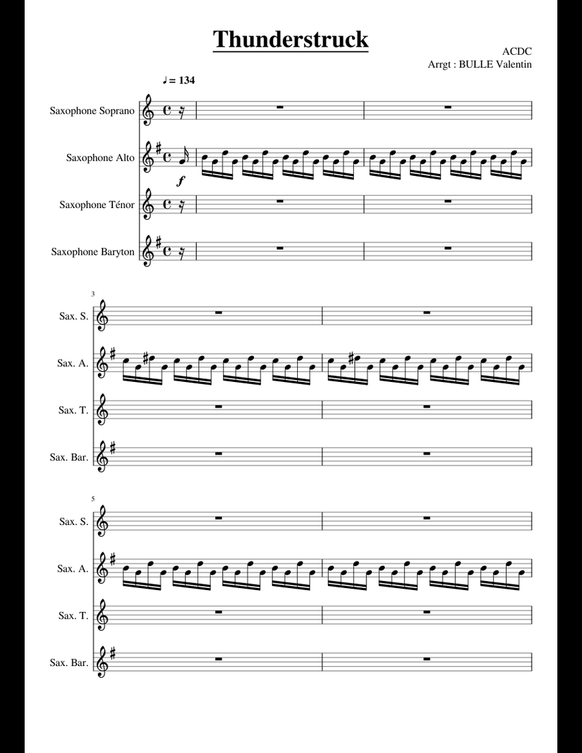 Thunderstruck ACDC - Saxophone Quartet cover sheet music for Soprano Saxophone, Alto Saxophone ...