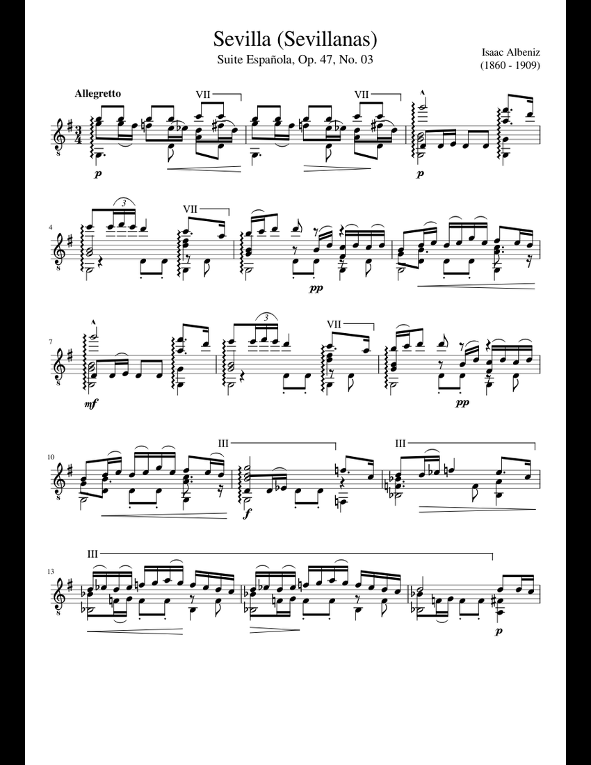 Isaac Albéniz - Sevilla (Sevillanas) sheet music for Guitar download ...