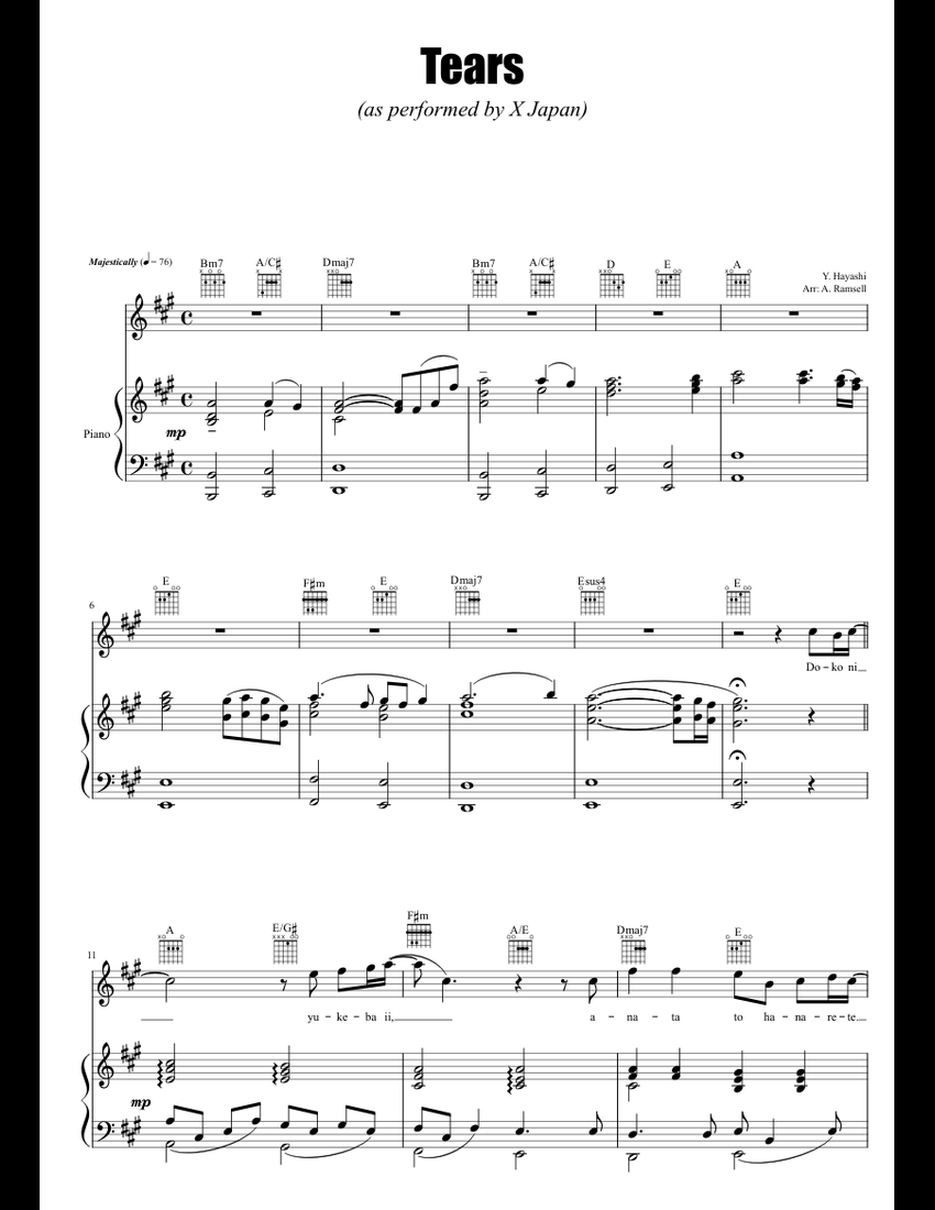 X Japan - Tears sheet music for Piano, Baritone Saxophone download free ...