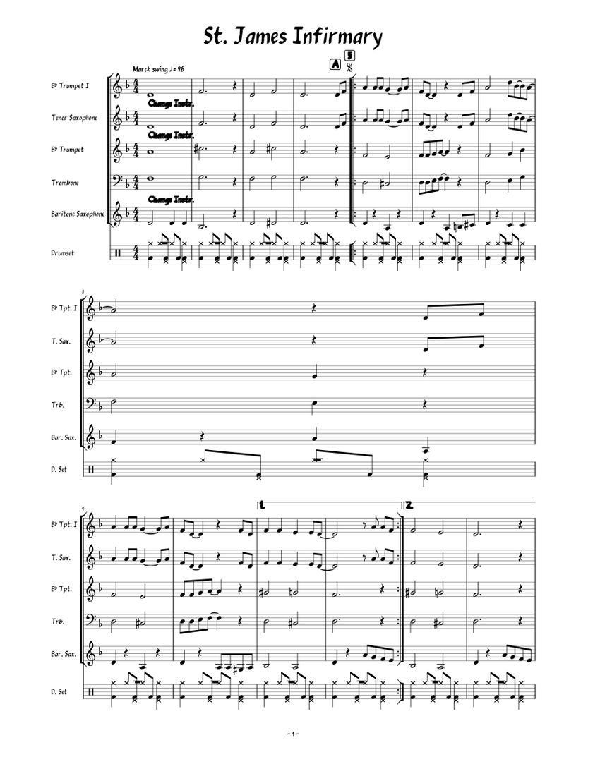 St. James Infirmary Sheet music for Trumpet (In B Flat), Trombone, Drum Group, French Horn ...