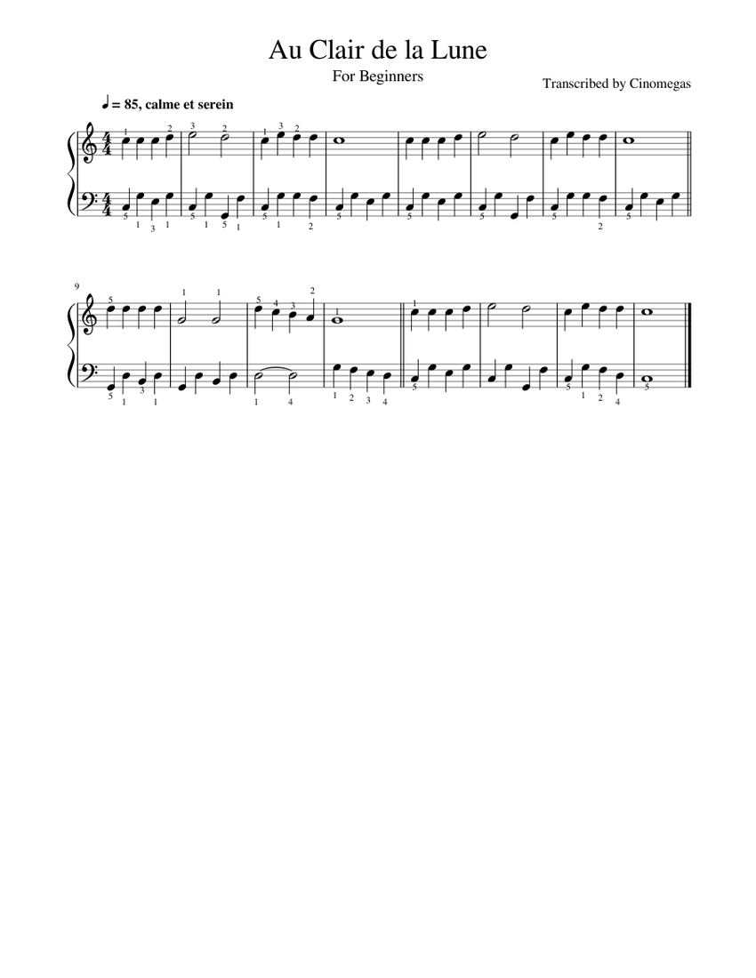 Au Clair de la Lune [BEGINNERS] Sheet music for Keyboard Piano (Solo ...