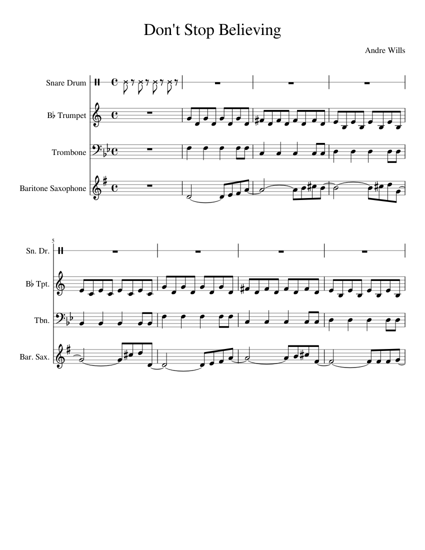 Don't Stop Believing Sheet music for Trumpet (In B Flat), Trombone, Saxophone (Baritone), Snare ...