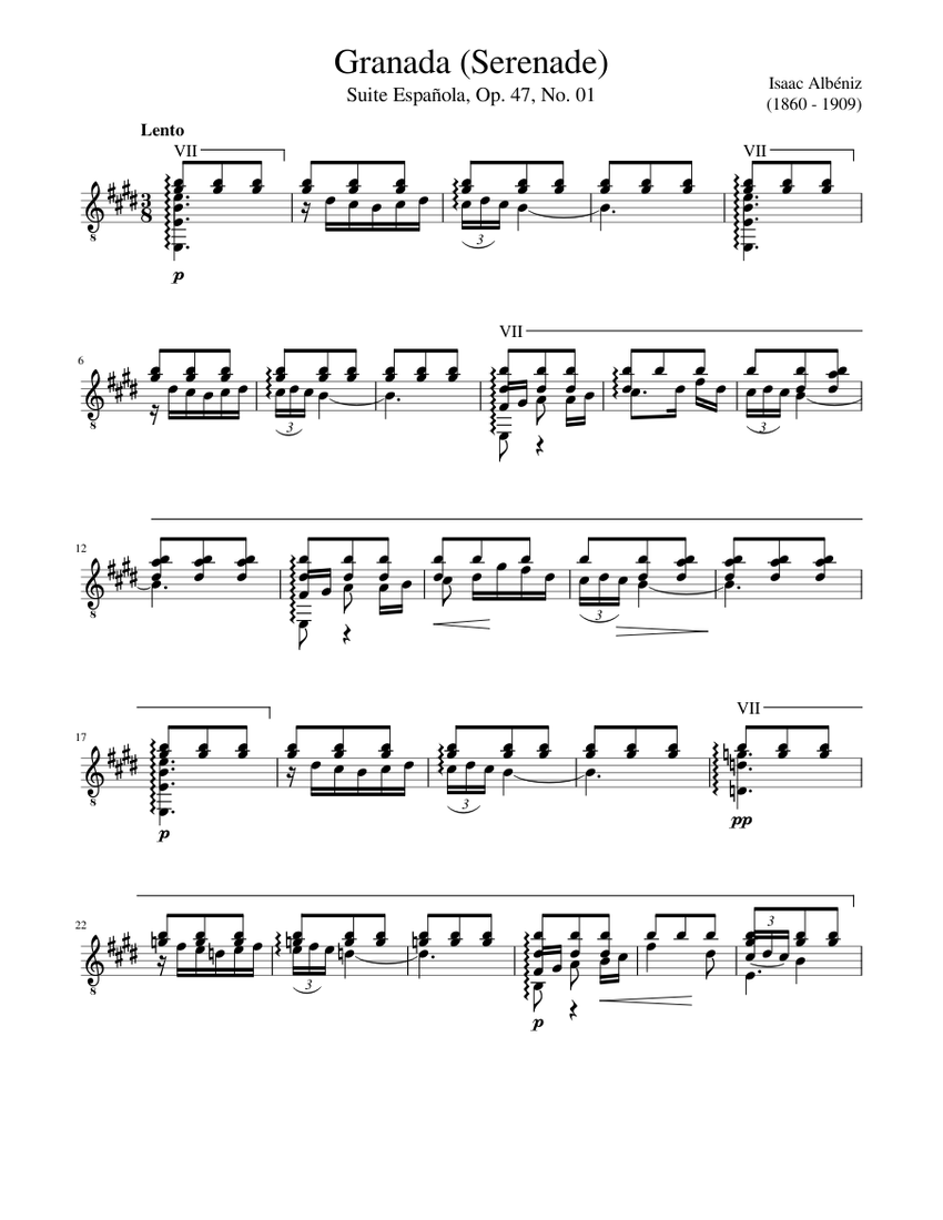 Isaac Albéniz - Granada (Serenade) Sheet music for Guitar | Download ...