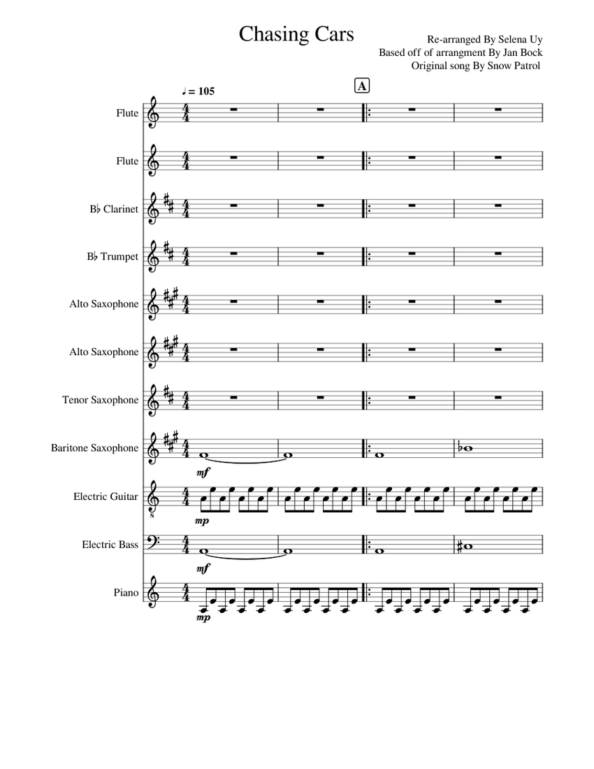 CHASING CARS BY SNOW PATROL Sheet music for Flute, Clarinet, Piano ...
