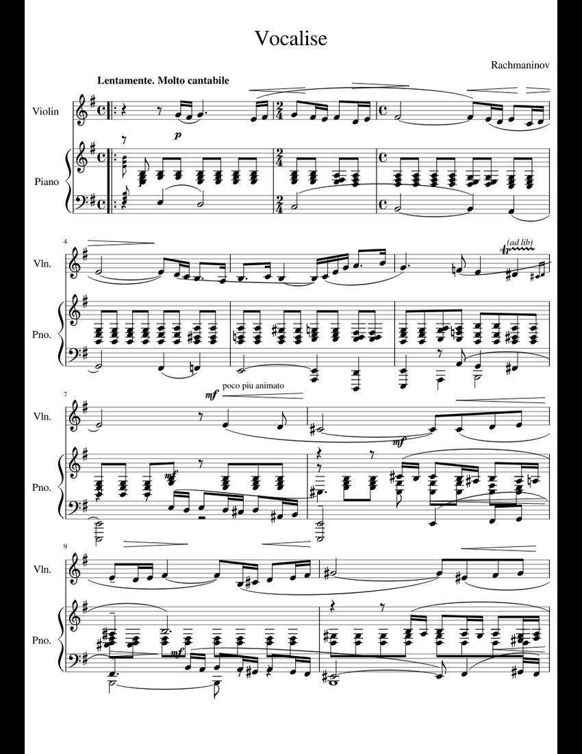 Vocalise sheet music for Violin, Piano download free in PDF or MIDI