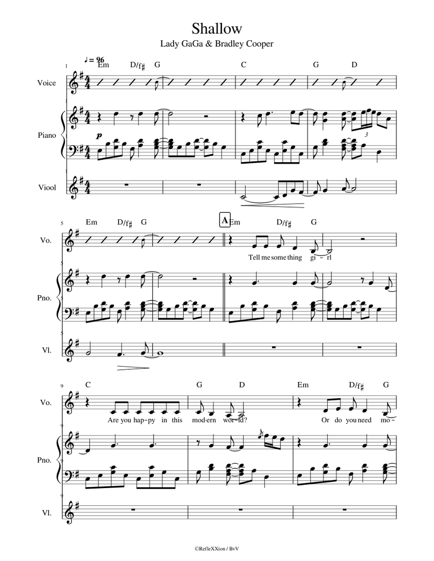Lady Gaga - Shallow Sheet music for Piano, Violin, Vocals (Mixed Trio ...