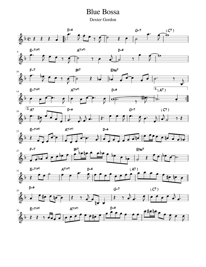 Blue bossa tnor sax Dexter gordon Sheet music for Tenor Saxophone ...