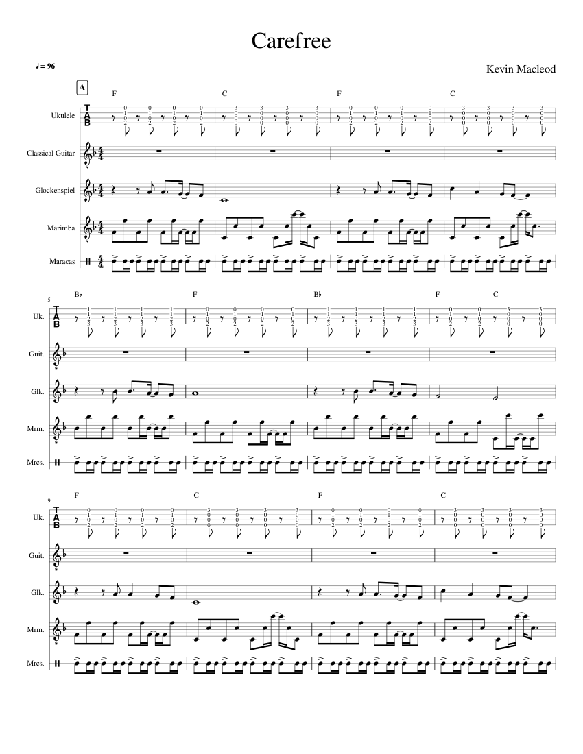 Carefree - Kevin MacLeod sheet music for Guitar, Percussion download ...