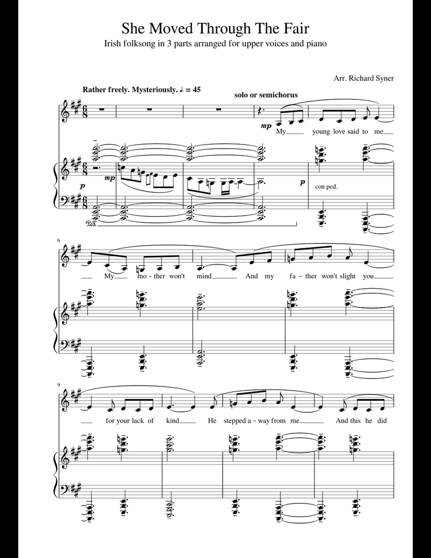 She Moved Through The Fair sheet music for Piano, Voice download free ...