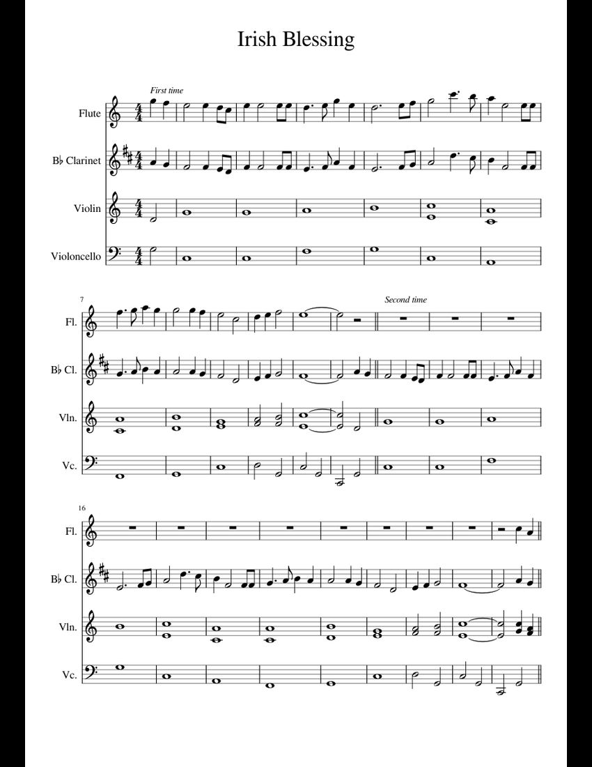 Irish Blessing sheet music for Flute, Clarinet, Violin, Cello download ...