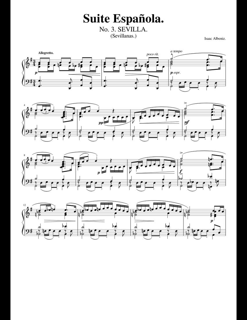Albeniz - Sevilla (Suite Española No. 1) sheet music for Piano download ...