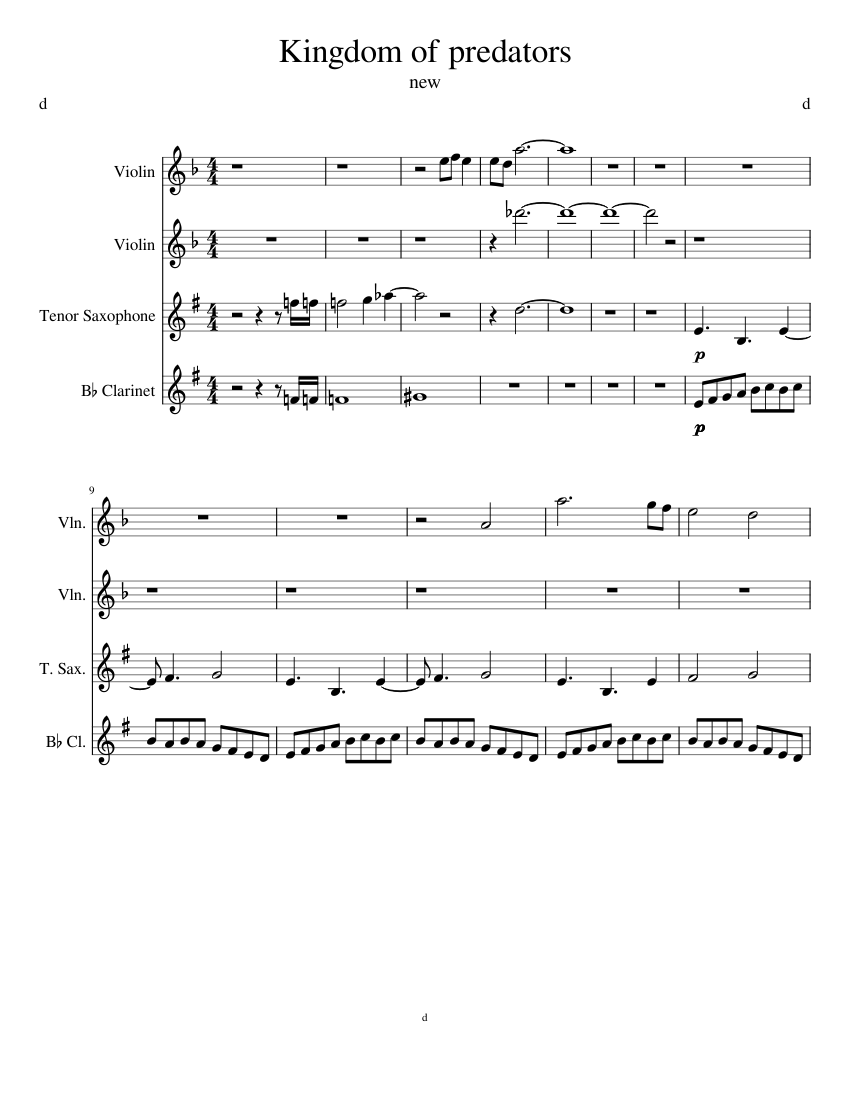 Kingdom of predators Sheet music for Violin, Clarinet (In B Flat ...