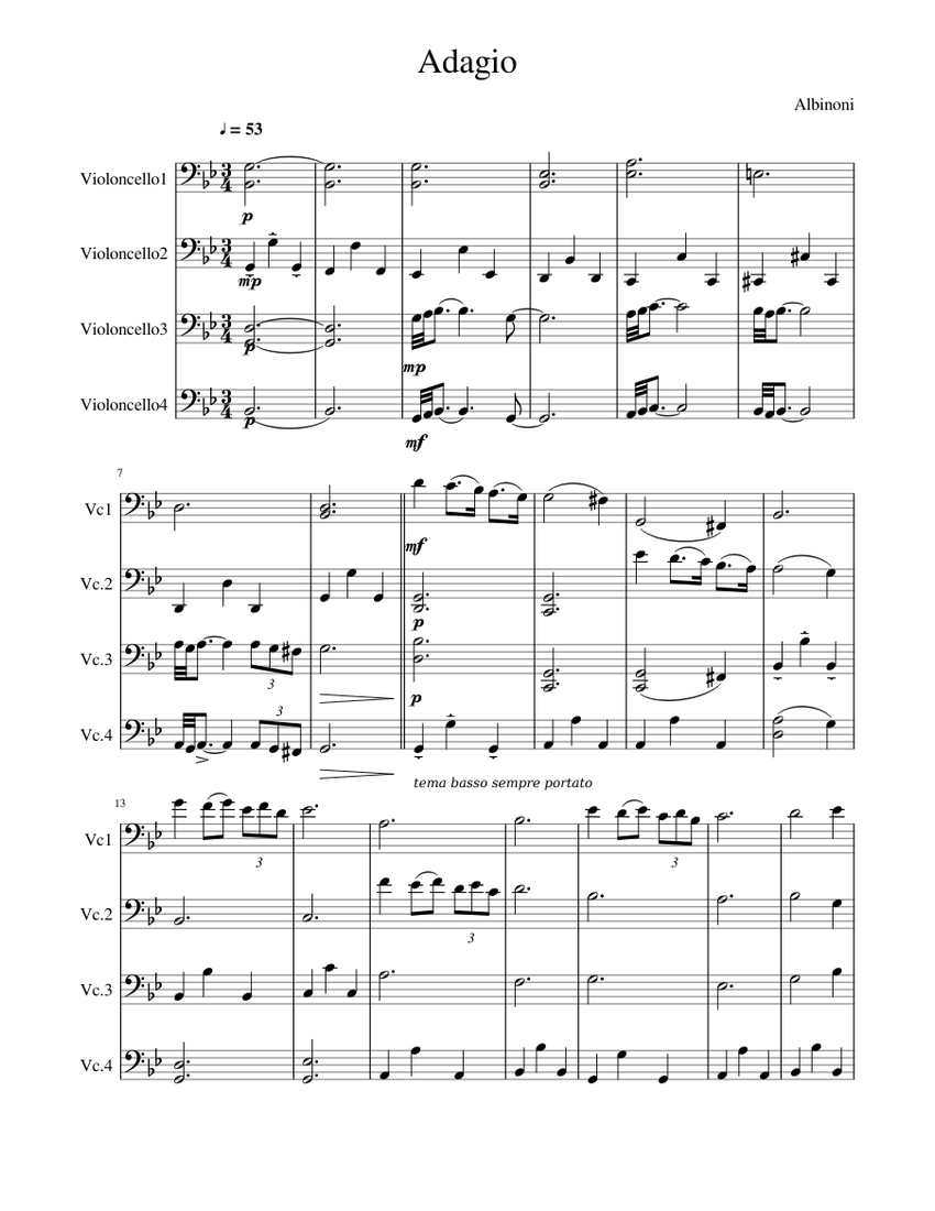 Adagio Albinoni Sheet music for Cello (Mixed Quartet) | Musescore.com