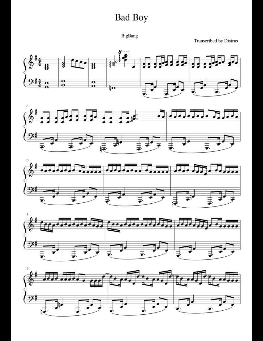 BigBang Bad Boy sheet music for Piano download free in PDF or MIDI
