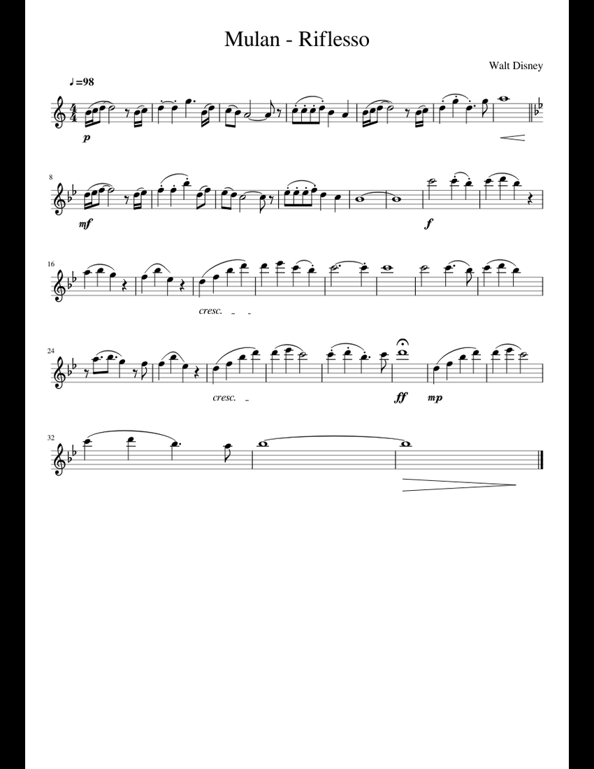 Mulan - Riflesso sheet music for Flute download free in PDF or MIDI