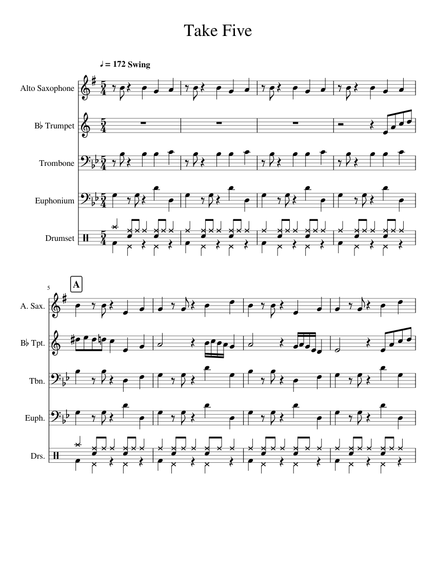 Take Five Sheet music for Alto Saxophone, Trumpet, Trombone, Tuba | Download free in PDF or MIDI ...