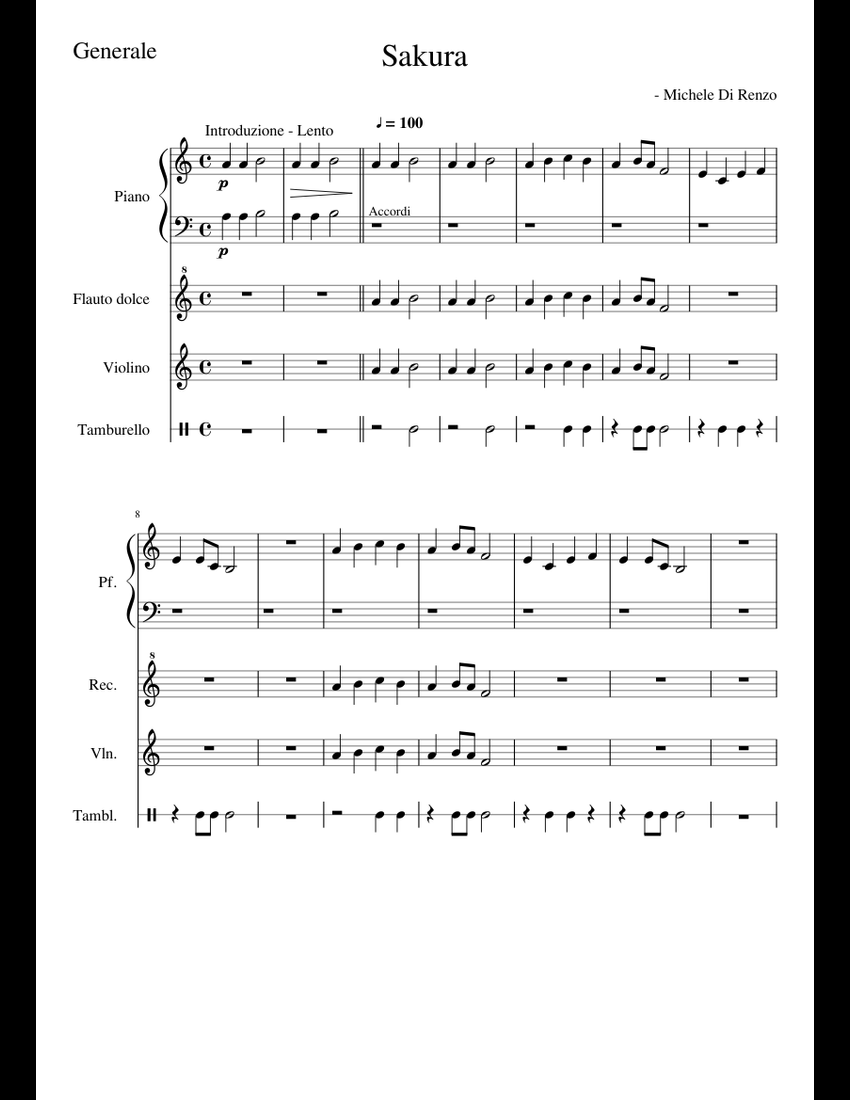 Sakura sheet music for Piano, Violin, Recorder, Percussion download ...