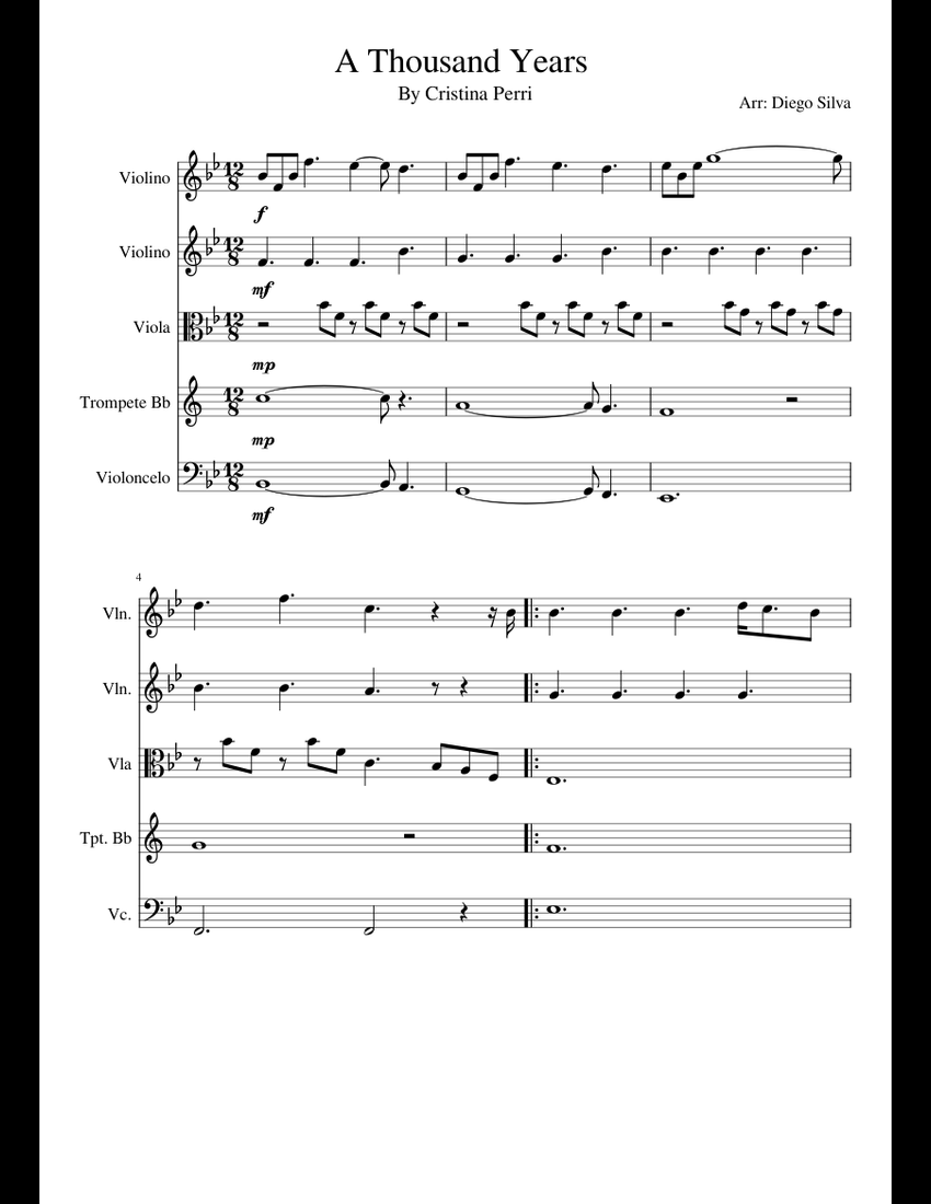 A Thousand Years sheet music for Violin, Viola, Trumpet, Cello download ...