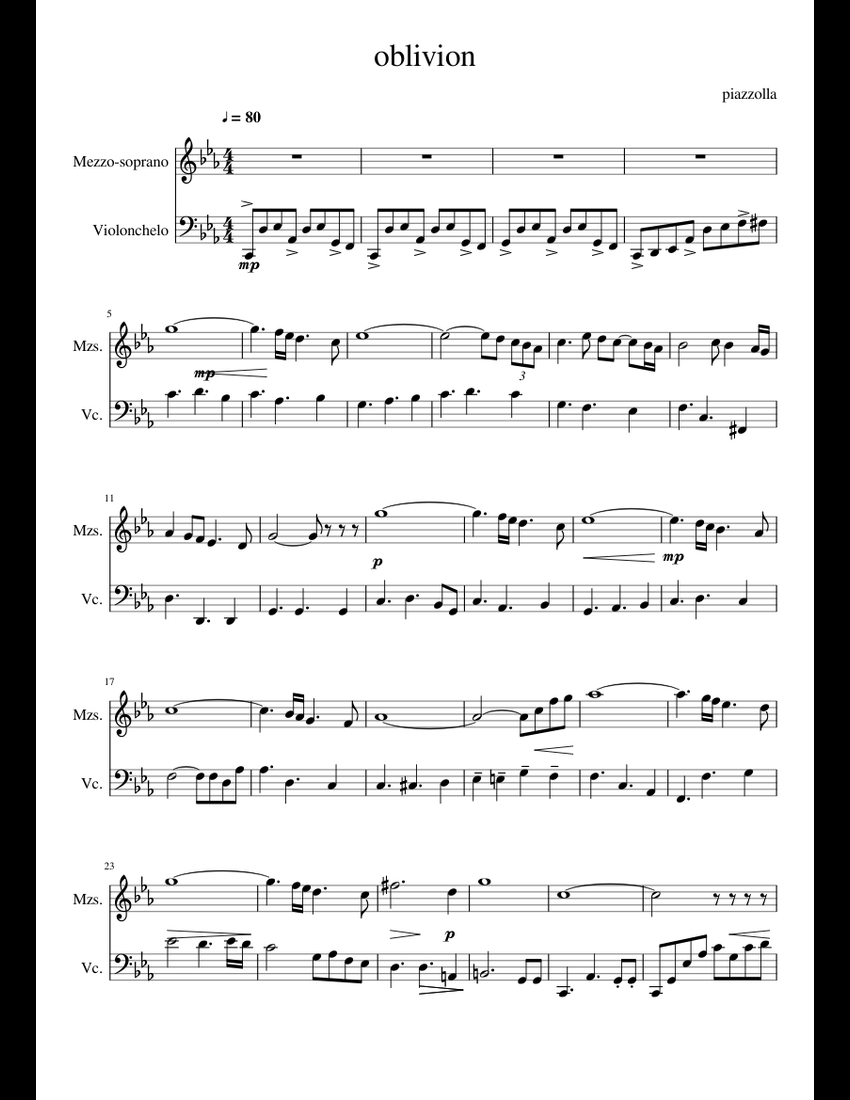 Oblivion Voz y Cello sheet music for Voice, Cello download free in PDF or MIDI