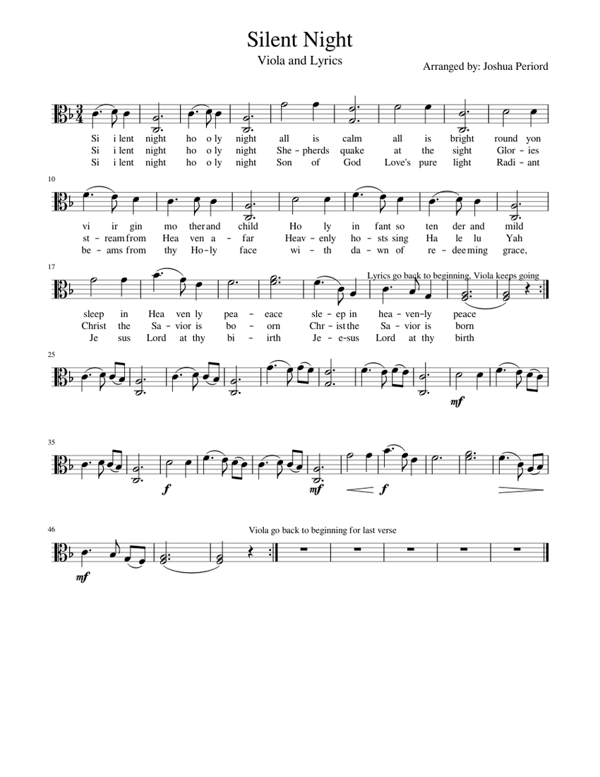 Silent Night Viola and Lyrics Sheet music for Viola | Download free in ...