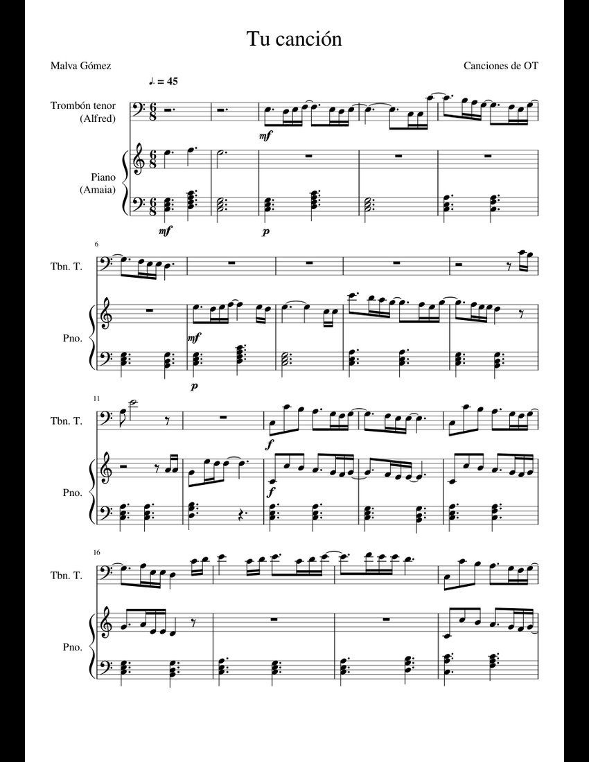 Tu canción (ot) sheet music for Piano, Trombone download free in PDF or ...