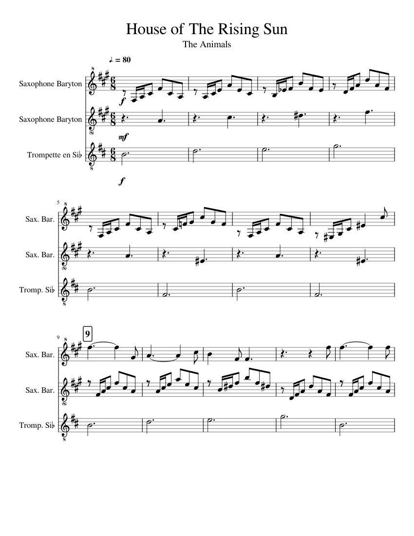 House of the Rising Sun sheet music for Baritone Saxophone, Trumpet ...