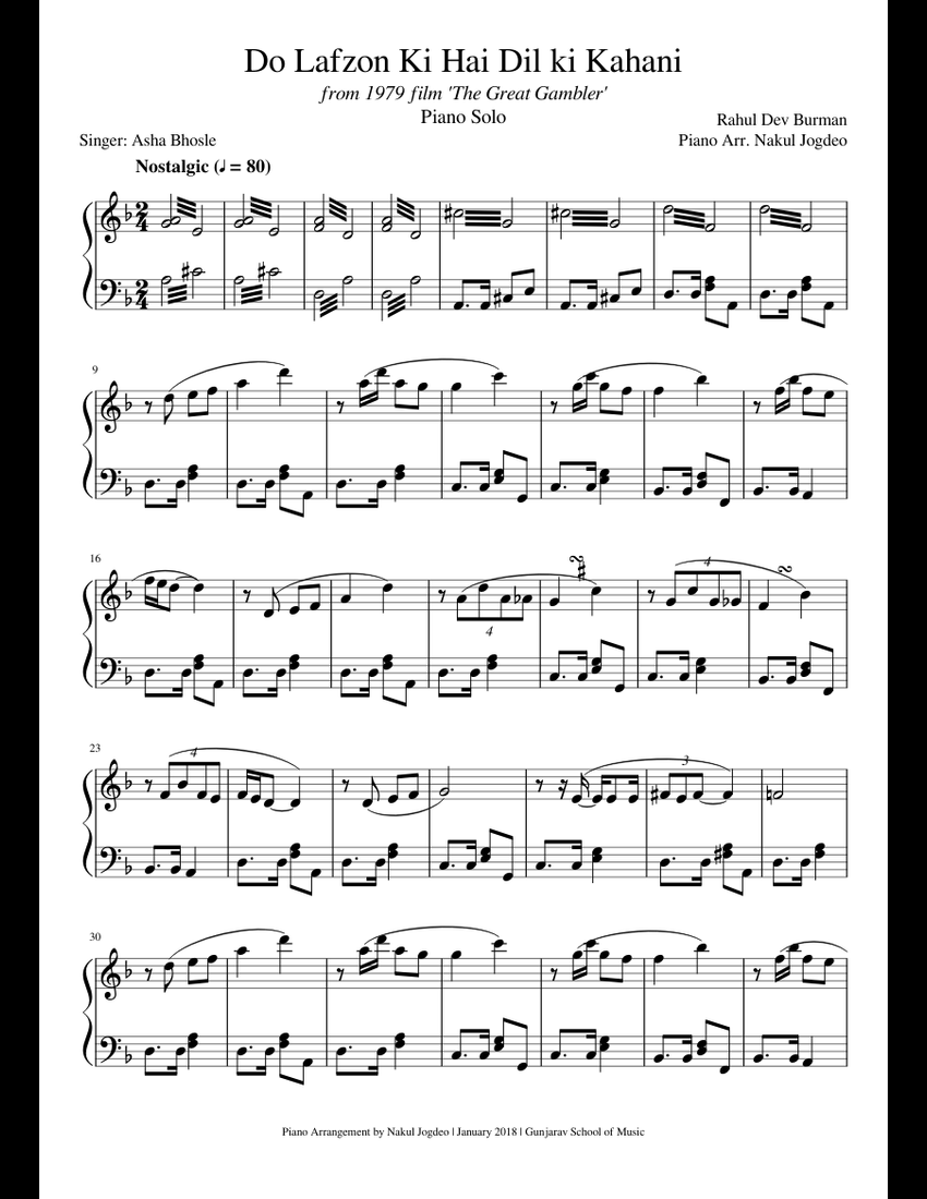 Do Lafzon Ki Hai Dil ki Kahani sheet music for Piano download free in PDF or MIDI