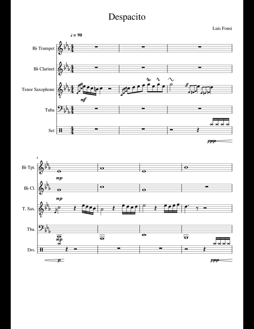 Despacito sheet music for Clarinet, Trumpet, Tenor Saxophone, Tuba ...