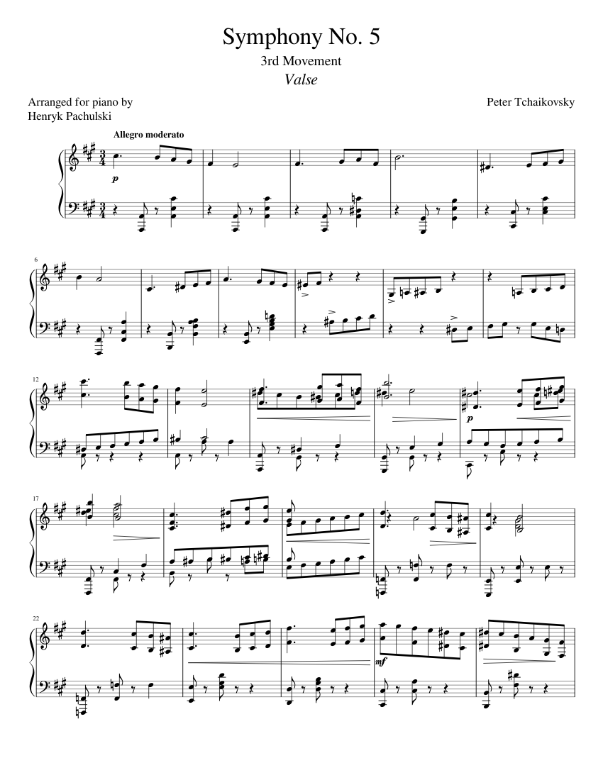 Tchaikovsky Symphony No. 5 (3rd Movement Valse) Piano solo Sheet music for Piano (Solo ...