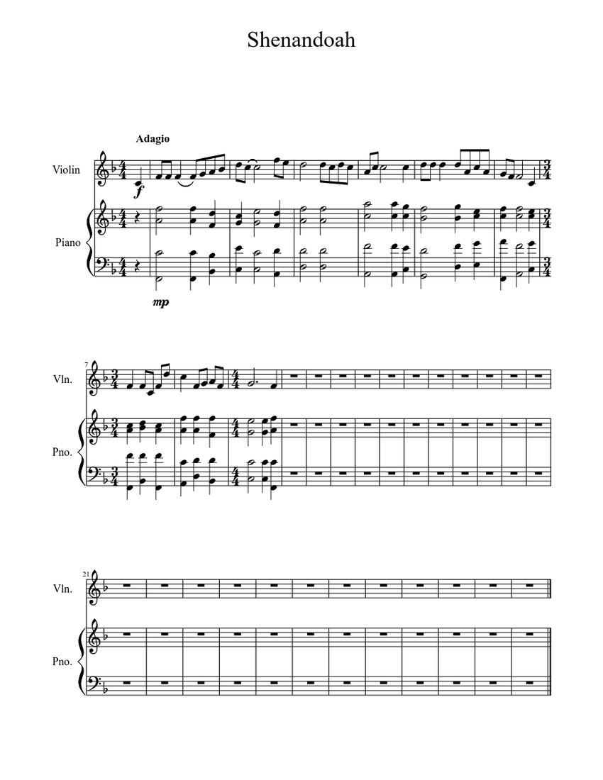 Shenandoah 1 Sheet music for Keyboard Piano, Strings Bowed Violin (Solo) | Musescore.com