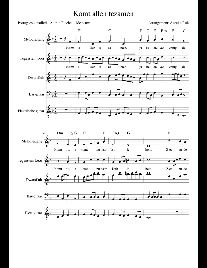 Komt allen tezamen sheet music for Flute, Voice, Bass, Guitar download ...