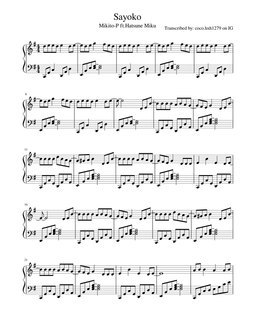 Sayoko (Mikito-P ft Hatsune Miku) sheet music for Piano download free ...
