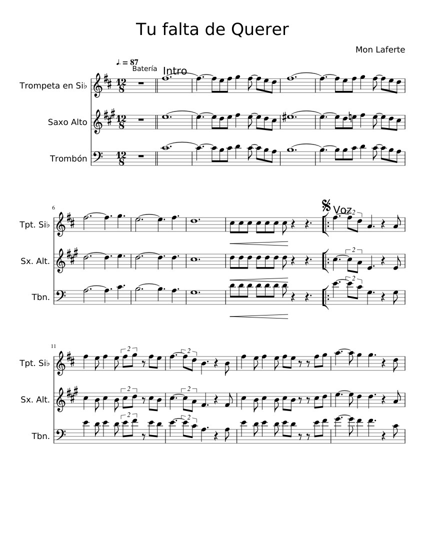 Tu falta de Querer Sheet music for Trumpet, Alto Saxophone, Trombone ...