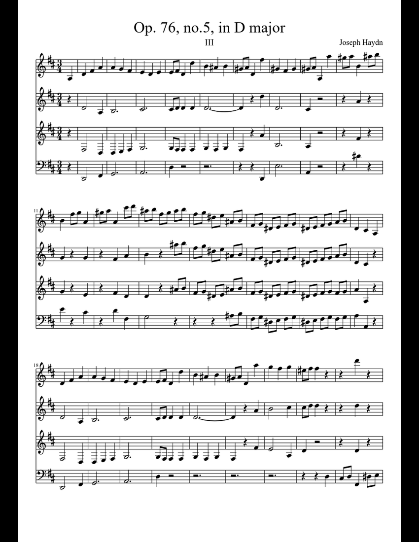 Joseph Haydn - String quartet - Op. 76, no.5, in D major - Movement III sheet music download ...