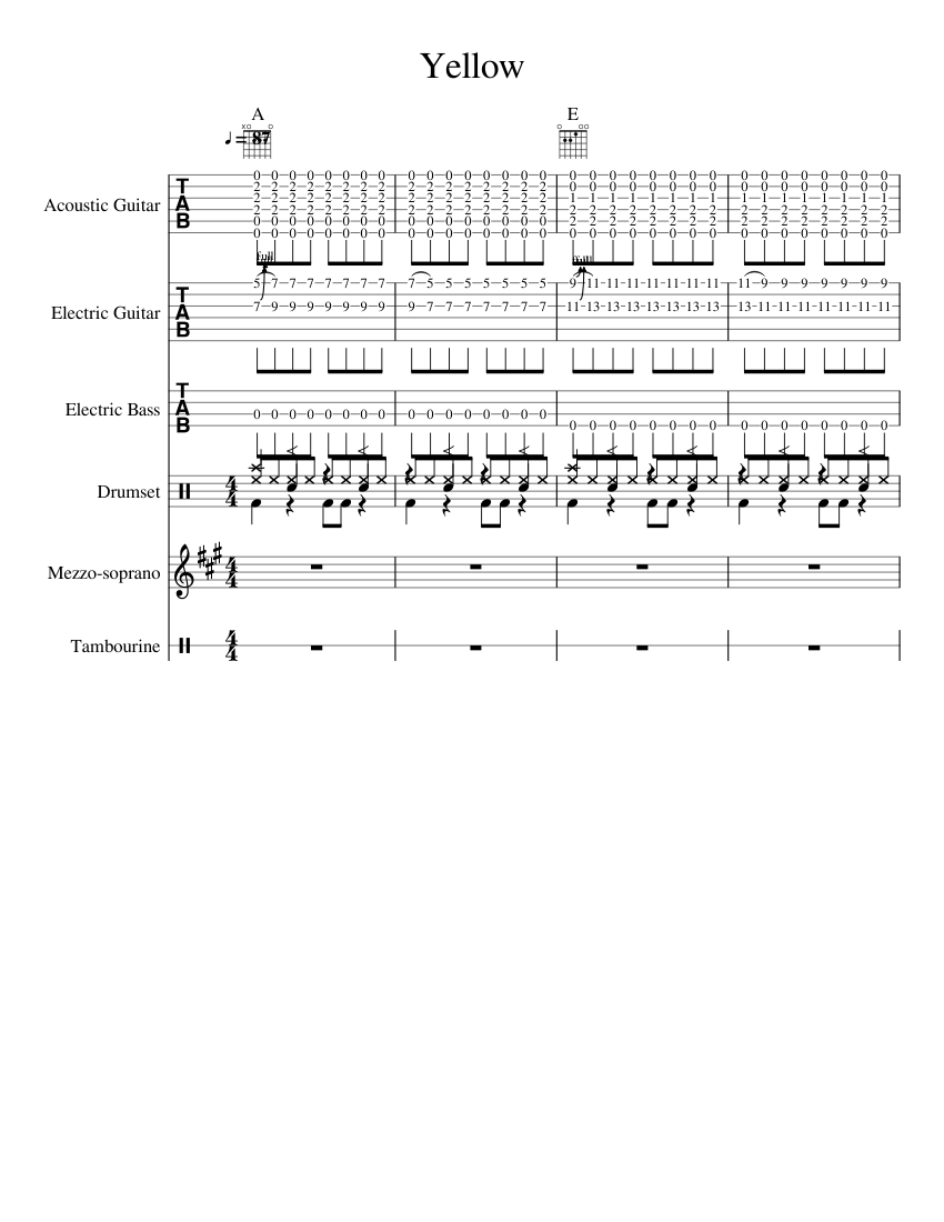 Yellow (Easy Version) Sheet music for Drum Group, Guitar, Bass, Guitar ...