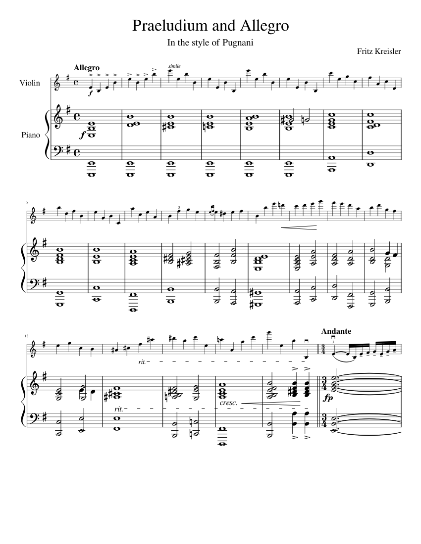 Praeludium and Allegro in the Style of Pugnani by Fritz Kreisler sheet ...