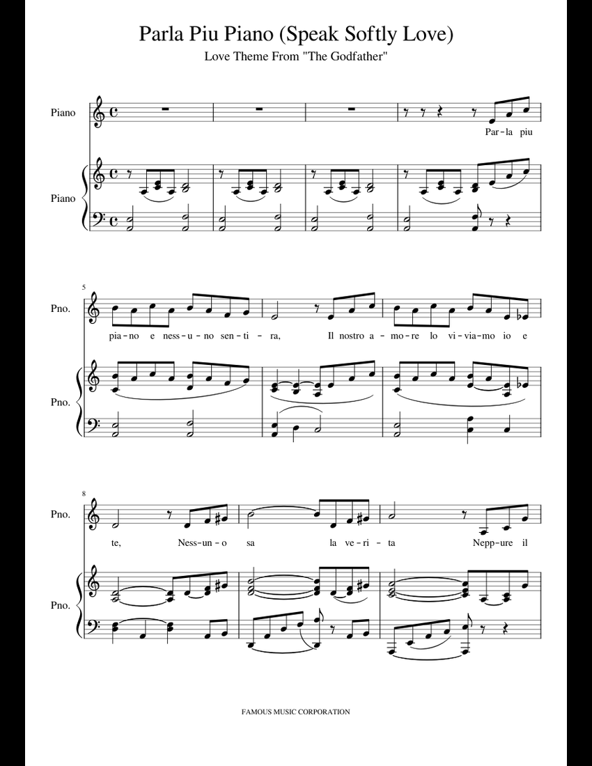Parla_Piu_Piano_(Speak_Softly_Love) sheet music for Piano download free ...