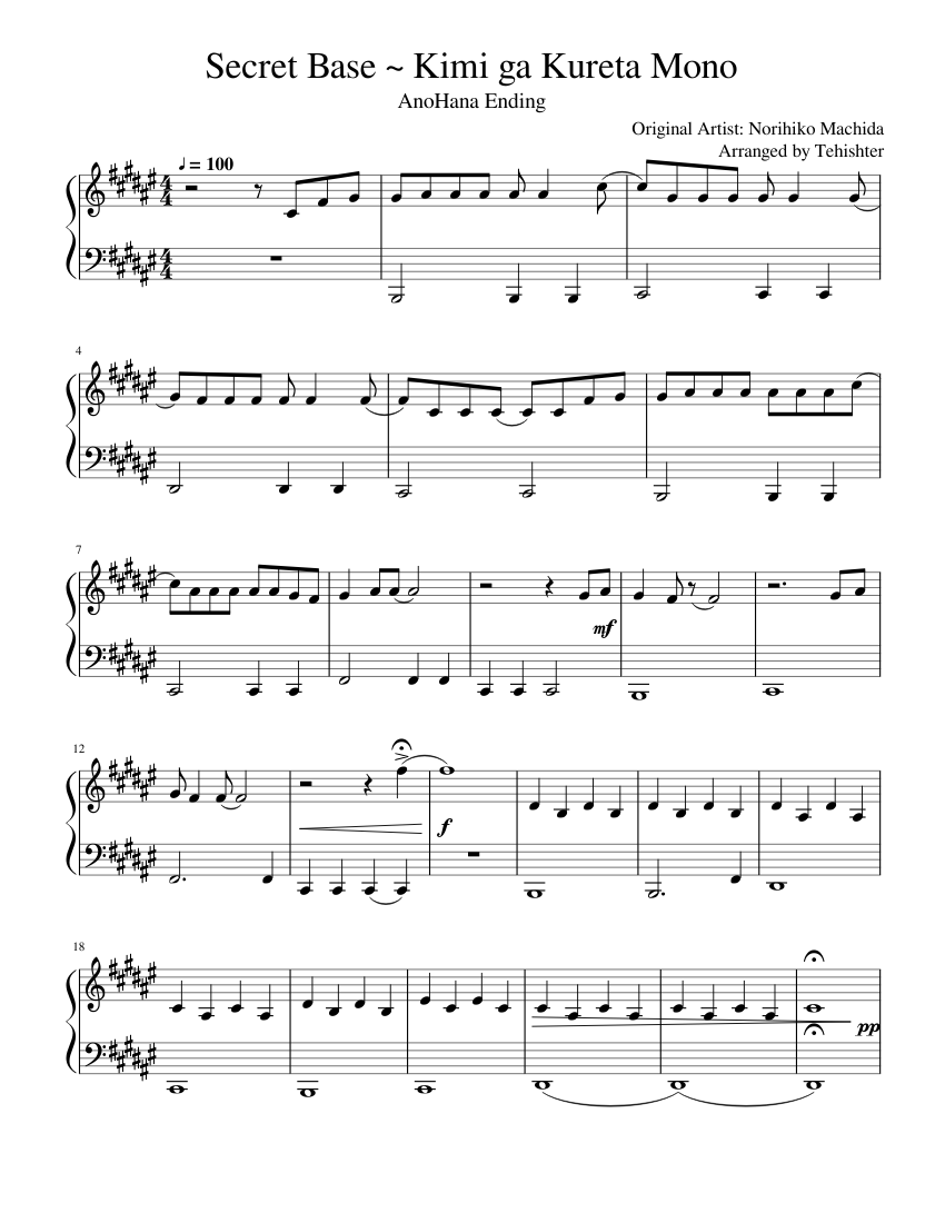Secret Base ~ Kimi ga Kureta Mono Sheet music for Piano (Solo ...