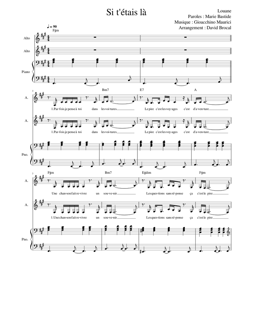 Si t'étais là Sheet music for Piano, Oboe, Guitar | Download free in ...