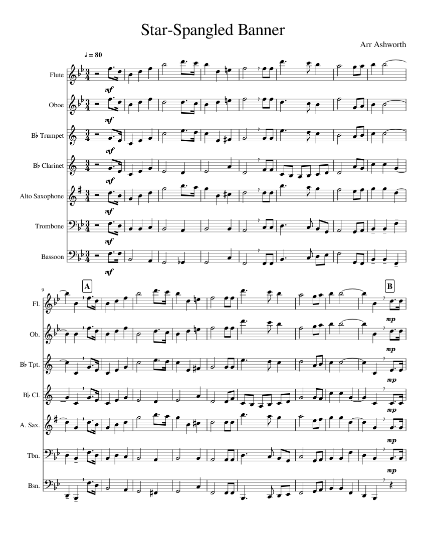 Star-Spangled Banner sheet music for Flute, Clarinet, Oboe, Trumpet ...