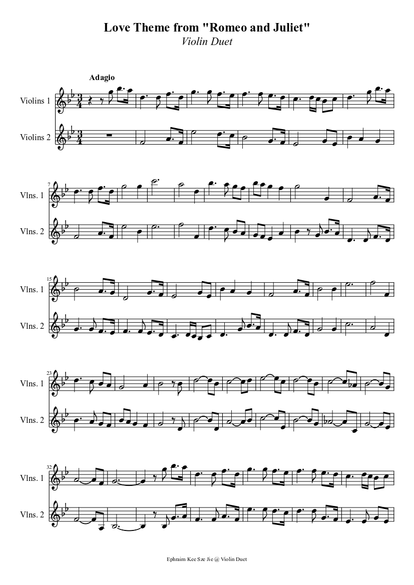Love Theme from "Romeo and Juliet"Violin Duet sheet music download free ...