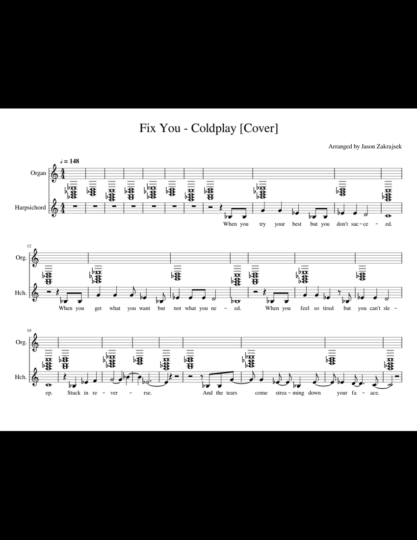 Fix You - Coldplay sheet music for Piano, Organ, Guitar download free ...